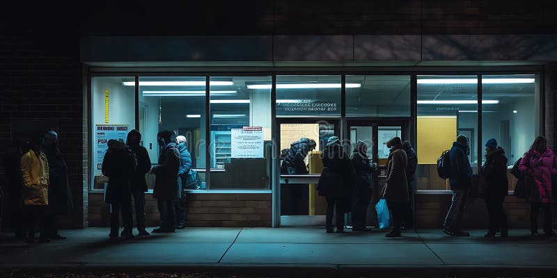 Nighttime Queue Outside a Building Stock Illustration - Illustration of ...