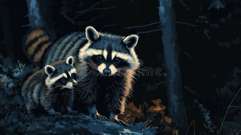Nighttime Raccoon Family in Dark Forest Stock Illustration ...