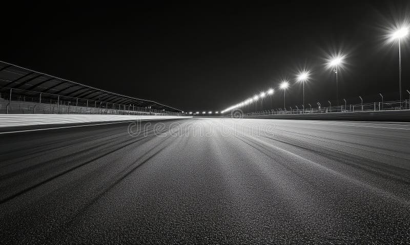Nighttime Racetrack with Illuminated Lights, Smooth Asphalt Surface ...