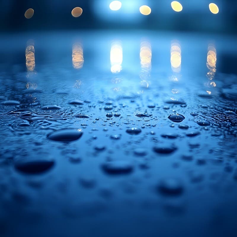 Nighttime Rain Water Droplets on Blue Surface City Lights Reflections ...