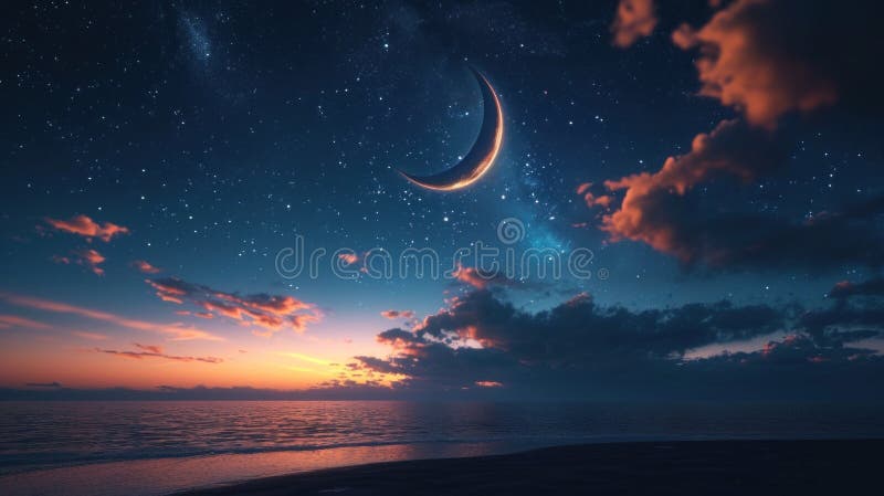 Nighttime Ramadan Scene, Crescent Moon, and Calmness in the Air with ...
