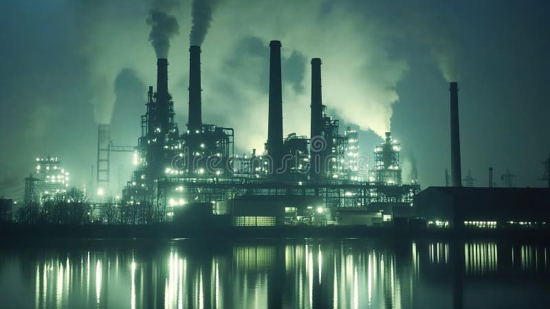 Nighttime Refinery, Pollution, Water Reflection, Industrial Complex, Energy Production Stock ...