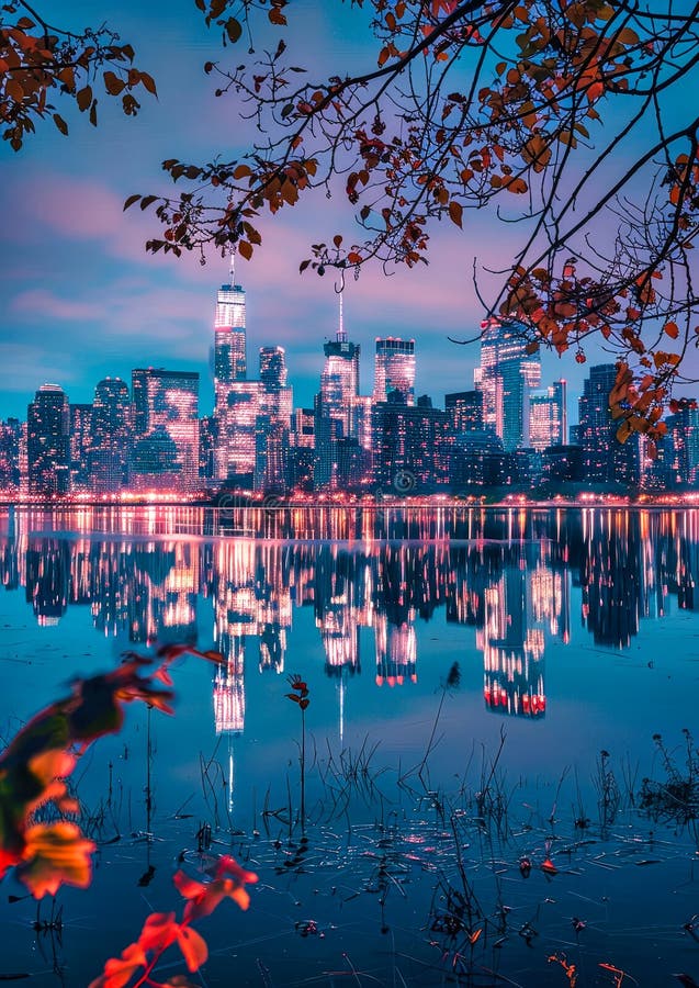 A Nighttime Reflection of New York City S Iconic Skyline Stock Photo ...