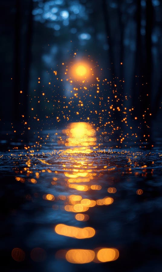 Nighttime Reflections with Glowing Droplets in a Serene Forest Stock ...