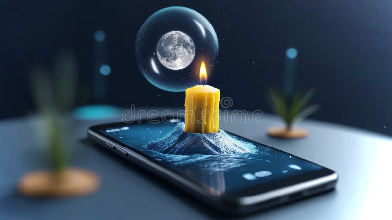 Nighttime Render of a Smartphone with a Candle on Top and a Moon in the ...