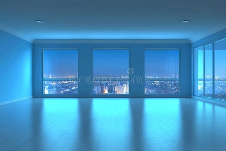 A Nighttime Rendering of a Modern Empty Office Space with Large Glass ...
