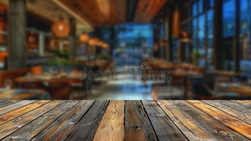 Nighttime Restaurant Scene: Wooden Table with Blurred Background Stock ...