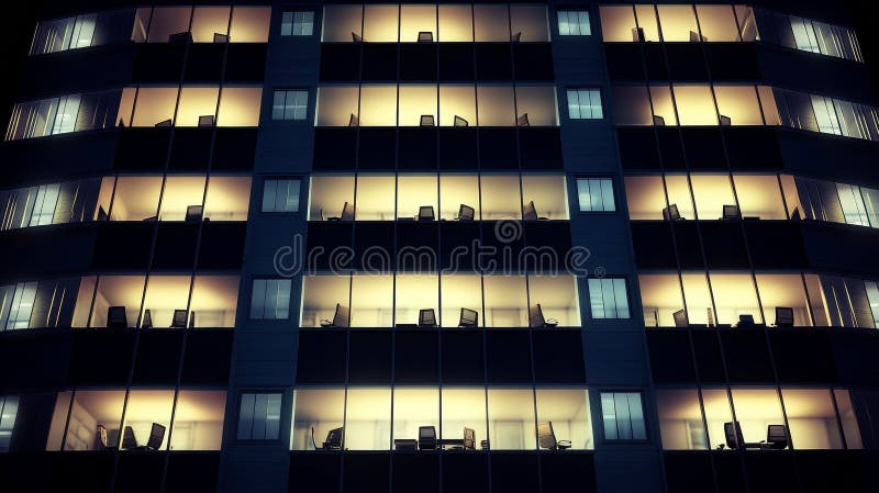 Nighttime Reveals a Modern Glass Office Building with a Warm and Cozy ...