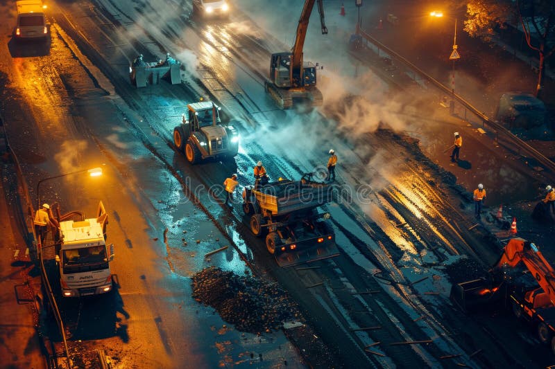 Nighttime Road Construction Scene with Intense Lighting Stock Photo ...