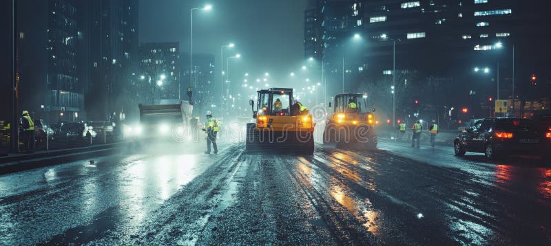 Nighttime Road Construction Workers Operating Under Bright Floodlights ...