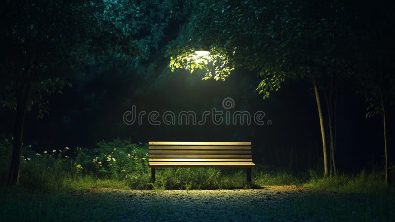 Nighttime Roadside Bench Illuminated by an Overhead Spotlight, Creating ...