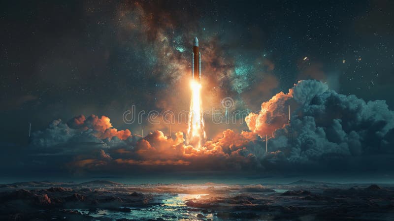 Nighttime Rocket Launch on Extraterrestrial Surface, Starry Sky. Human ...
