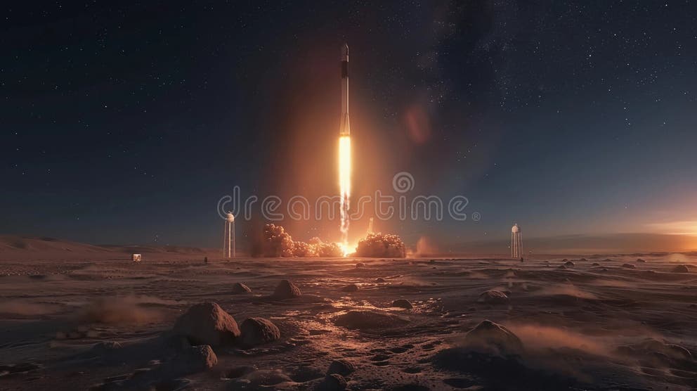 Nighttime Rocket Launch on Extraterrestrial Surface, Starry Sky. Human ...