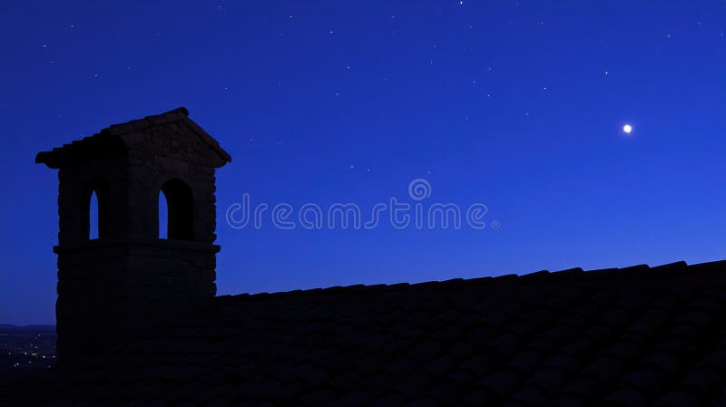 Nighttime Rooftop Bell Tower, Starry Sky, City Lights Stock Image ...
