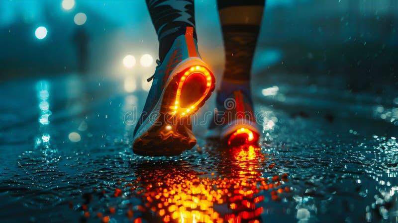 Nighttime Runner with Illuminated Shoes on Wet Surface. Generative Ai ...