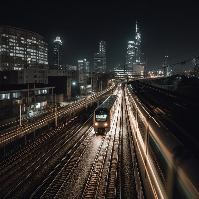 Nighttime Rush Hour Train with City Skyline Stock Illustration ...