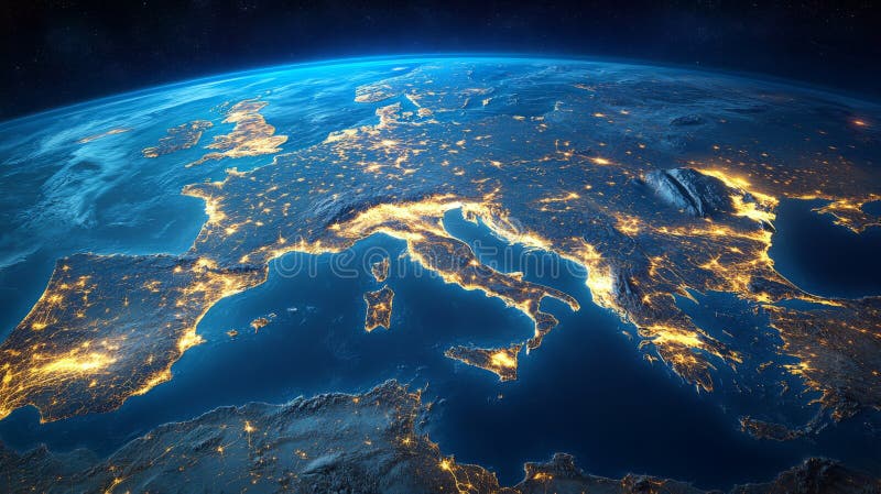 Nighttime Satellite View of Europe with City Lights Stock Photo - Image ...