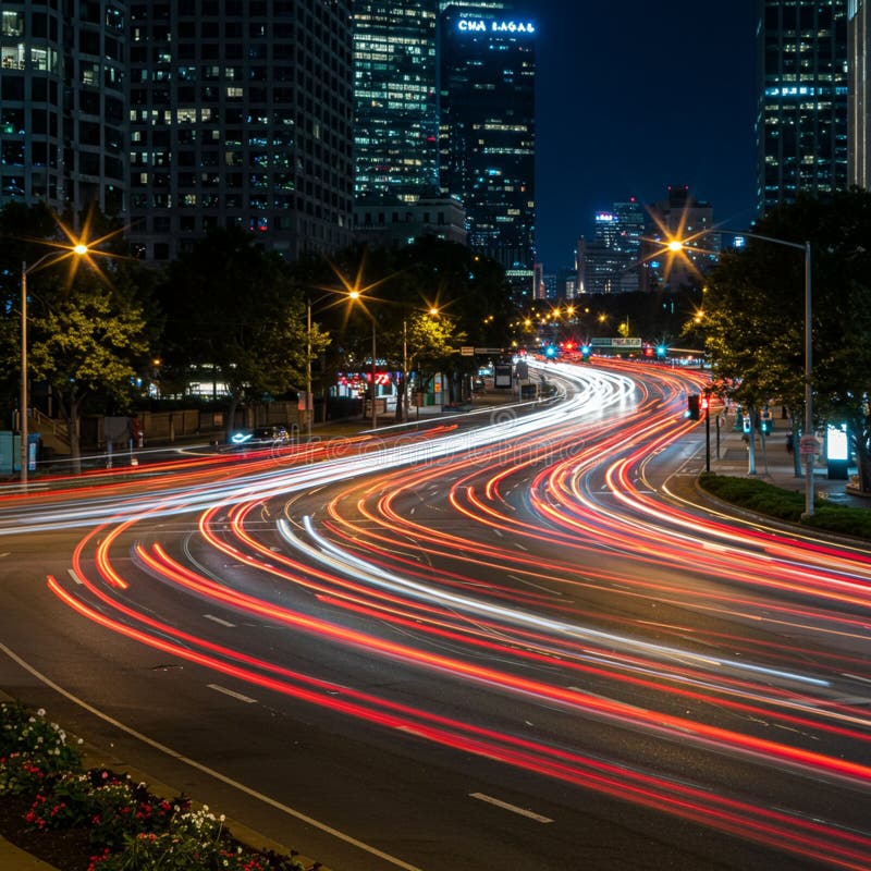 Nighttime Scene of a Bustling City Intersection with Light Trails from ...