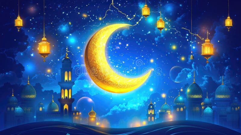 A Nighttime Scene with a Crescent Moon and Lanterns Providing Light in ...