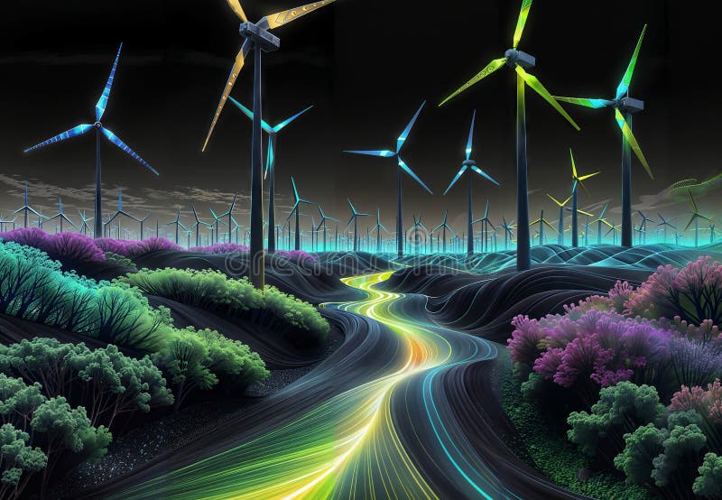 Winds Turbines in the Field at Night. Alternative Energy Source. 3D ...