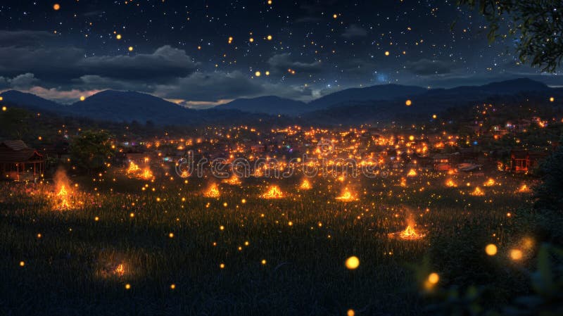 Nighttime Scene with Fireflies and a Small Village in the Distance ...