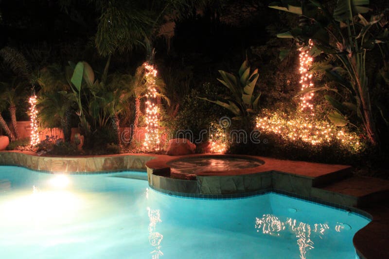 Nighttime Scene of in-ground Pool and Trees Wound with Strings of Light ...