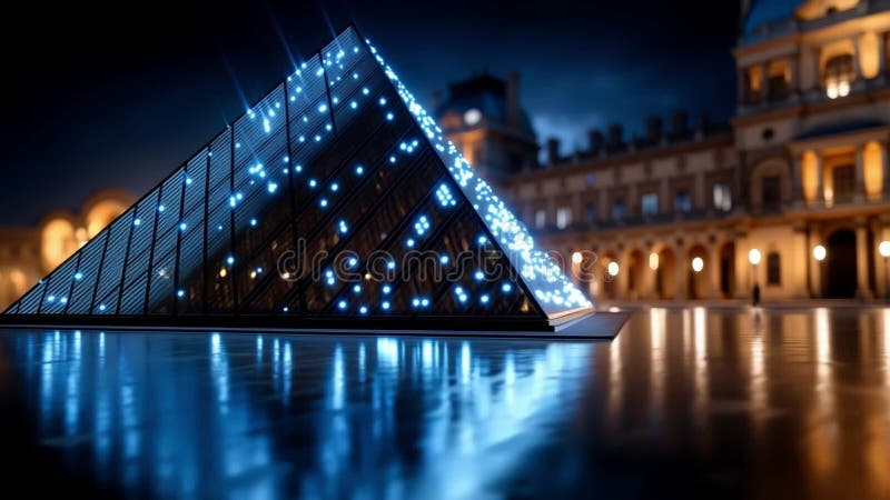A Pyramid Lit Up with Blue Lights in the Middle of a City at Night ...