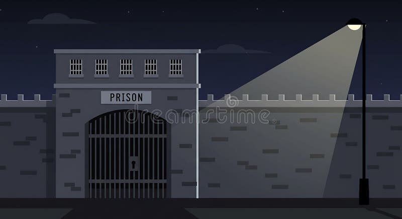 Nighttime Scene of a Prison Exterior Features a Large Stone Wall with a ...