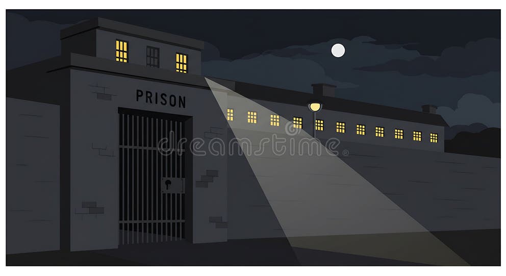 Nighttime Scene of a Prison with a Tall, Gray Structure Featuring ...