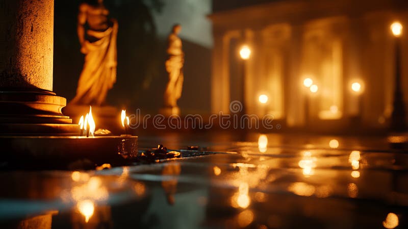 Nighttime Scene of a Torch Lit Roman Plaza with Reflective Surfaces and ...