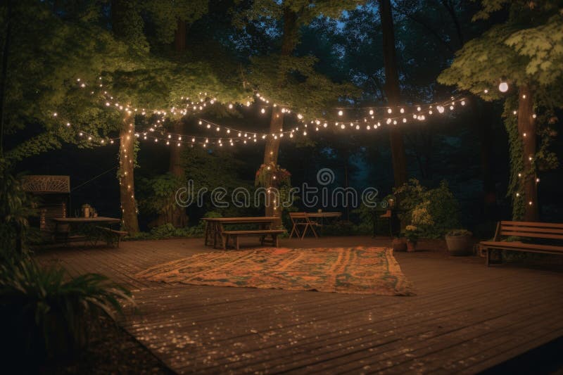 Nighttime Scene with Twinkle Lights and a Dance Floor Surrounded by ...