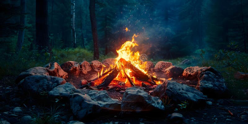 Nighttime Scene with a Warm Bonfire in a Forest Creating a Cozy ...