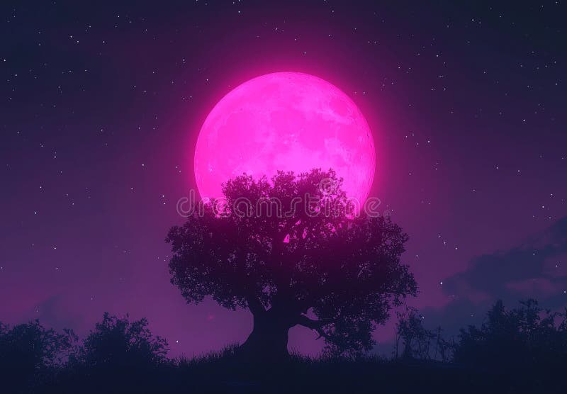 Nighttime Silhouette of a Magnificent Tree Illuminated by the Full Moon ...