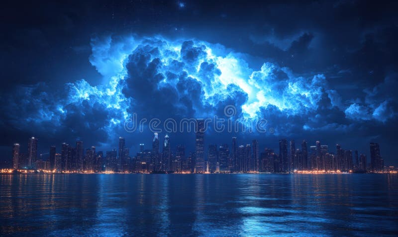 Illuminated Waterfront Buildings Night Dramatic Sky Vibrant Colors ...