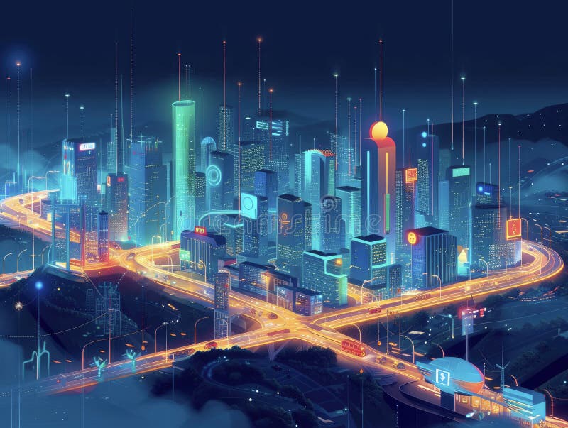 Nighttime Smart City Visualization Digital Interfaces and IoT Powered ...