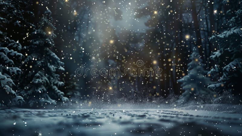 Nighttime Snowfall in Enchanted Forest with Glowing Lights and Starry ...