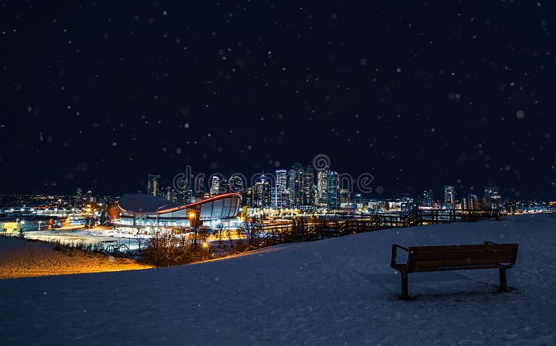 Nighttime Snowfall Over Downtown Calgary Stock Image - Image of ...