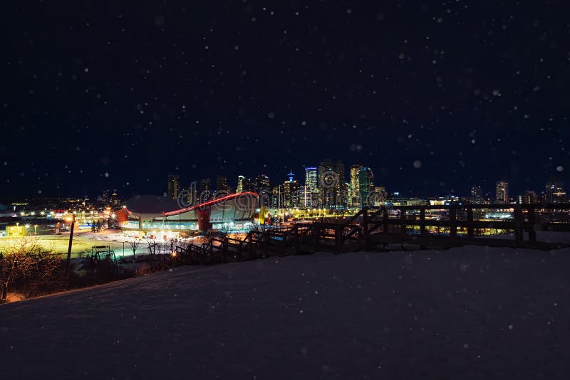 Nighttime Snowfall Over Downtown Calgary Stock Photo - Image of ...