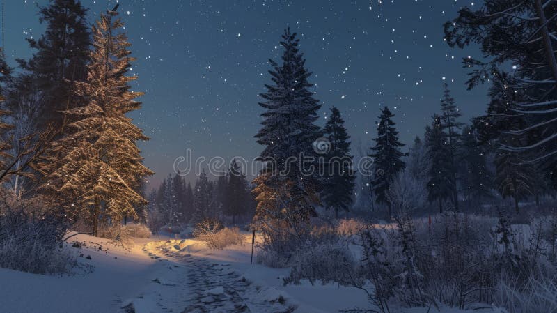 Nighttime Snowy Path in the Woods Stock Image - Image of frozen ...