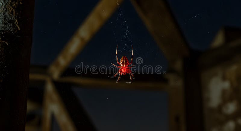 Nighttime Spider on Web in Abandoned Structure, Illuminated Red Stock ...