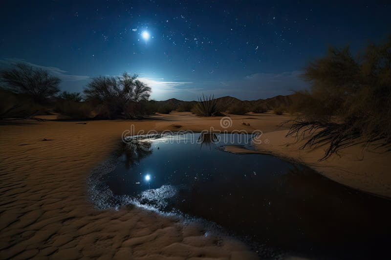 Nighttime Stars and Moon Reflected in the Desert Sand Stock ...