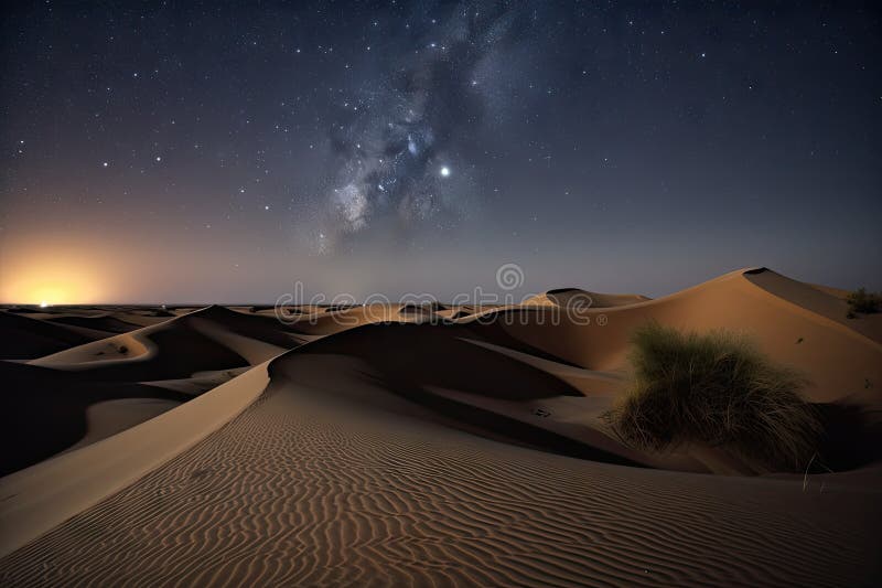 Nighttime Stars Over the Dunes of a Desert, with Crescent Moon in View ...