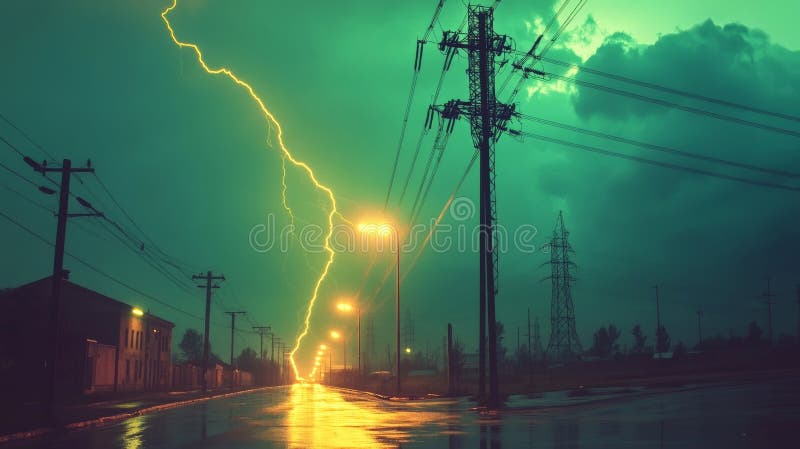 During a Nighttime Storm, a Powerful Lightning Bolt Strikes a Power ...