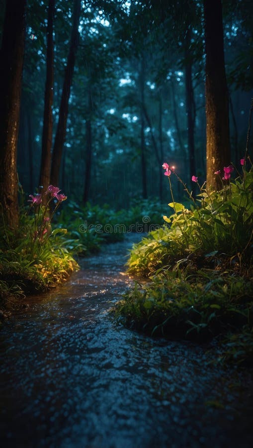 Nighttime Stream Flowing through Wooded Area, Illuminated by Small ...
