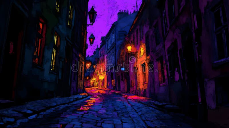 Nighttime Street Scene in Abstract Illustration Style Stock ...