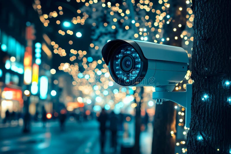A Security Camera Mounted on a Tree in the Middle of a City at Night ...