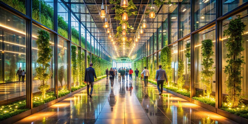 A Nighttime Stroll through a Modern, Greenery-Filled Atrium, Wide Angle ...