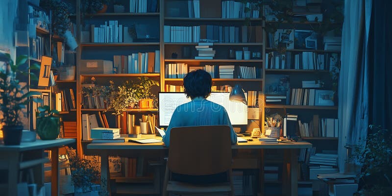 Nighttime Study Person Working at Desk in BookFilled Room Background ...