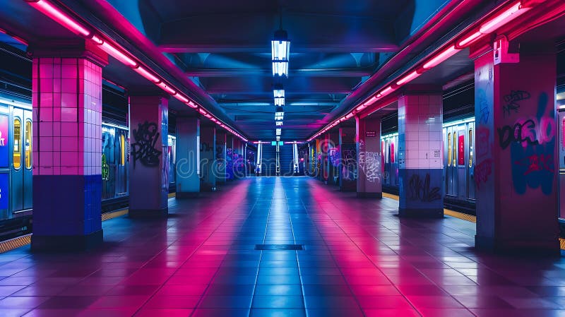 Nighttime Subway Station with Neon Lights Stock Illustration ...