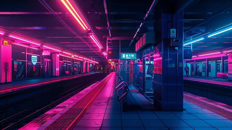 Nighttime Subway Station with Neon Lights Stock Illustration ...